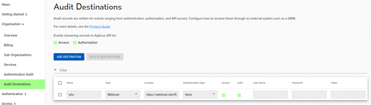 Audit Destinations - Agilicus